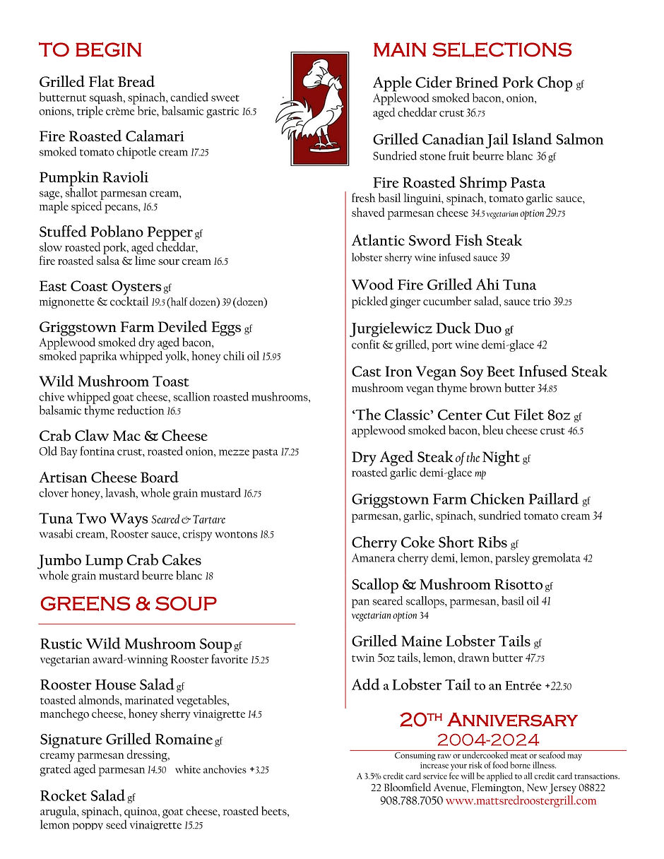 Matt's Red Rooster Grill | Flemington Restaurant Menu